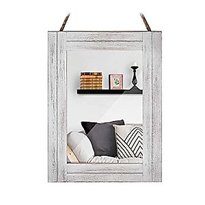DECORKEY Rectangle Wall Mirror Bathroom Mirrors for Wall Distressed White Wood Hanging Mirror Wall Decor with Hanging Rope for Rustic Home Decor, Vanity, Living Room 12"×16"