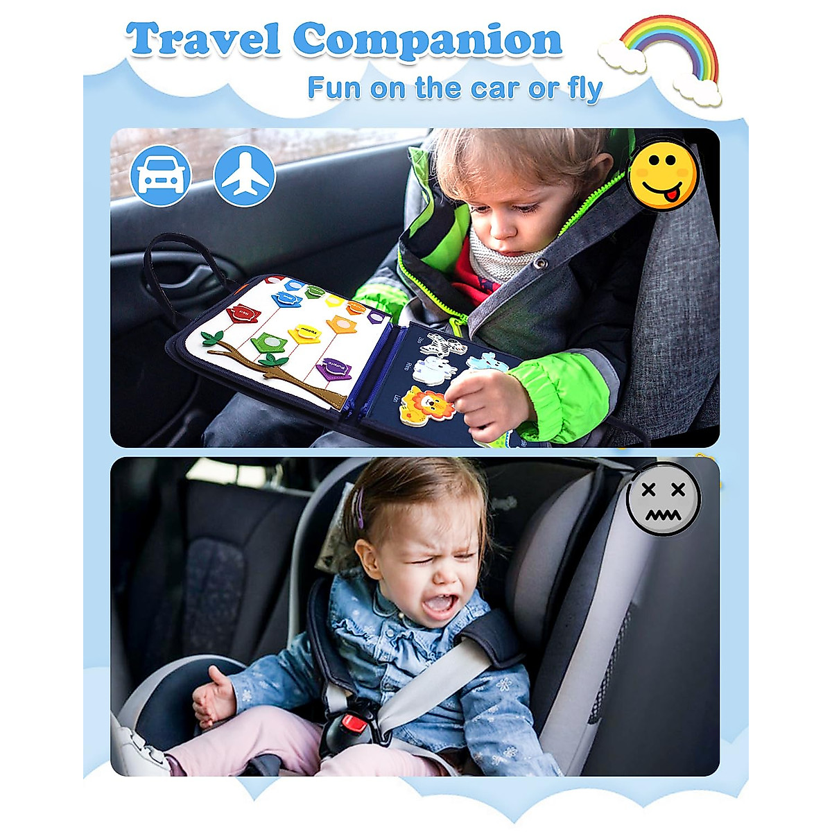 VARANO Montessori Busy Board Book Toy for 1 2 3 Year Old, Educational Sensory Toys for Toddlers 1-3, Car & Airplane Activities for Travel and Learning – Gifts for Boys and Girls (Jungle Animals)