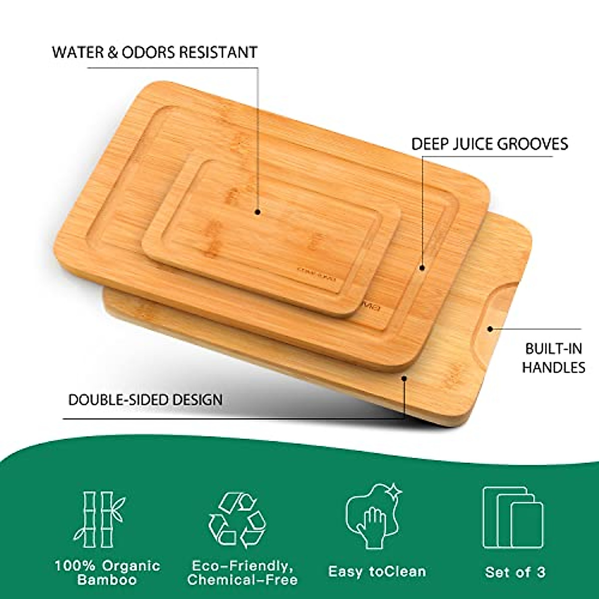 Comhoma Bamboo Cutting Board (3 Piece Set) Wood Cutting Board Kitchen Chopping Board with Juice Groove and Serving Tray for Meat Vegetables Fruits Cheese