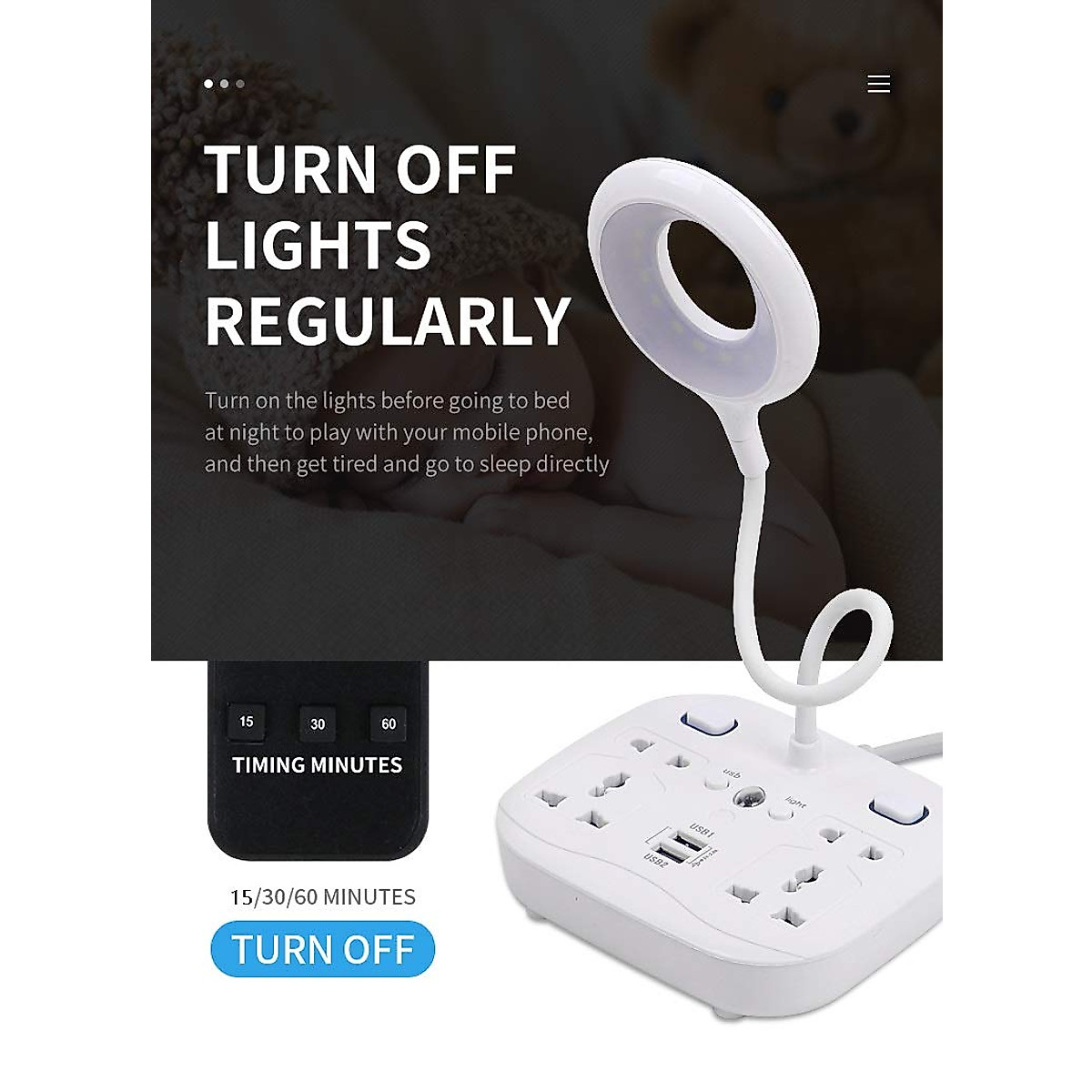 Nsiucion LED Desk Lamp, Adjustable Table Lamp Light with Remote Control, Eye-Caring Dimmable Office Lamp with 2 USB Charging Ports, 4 AC Power Outlets, Phone Stand, Multi Brightness Levels-White