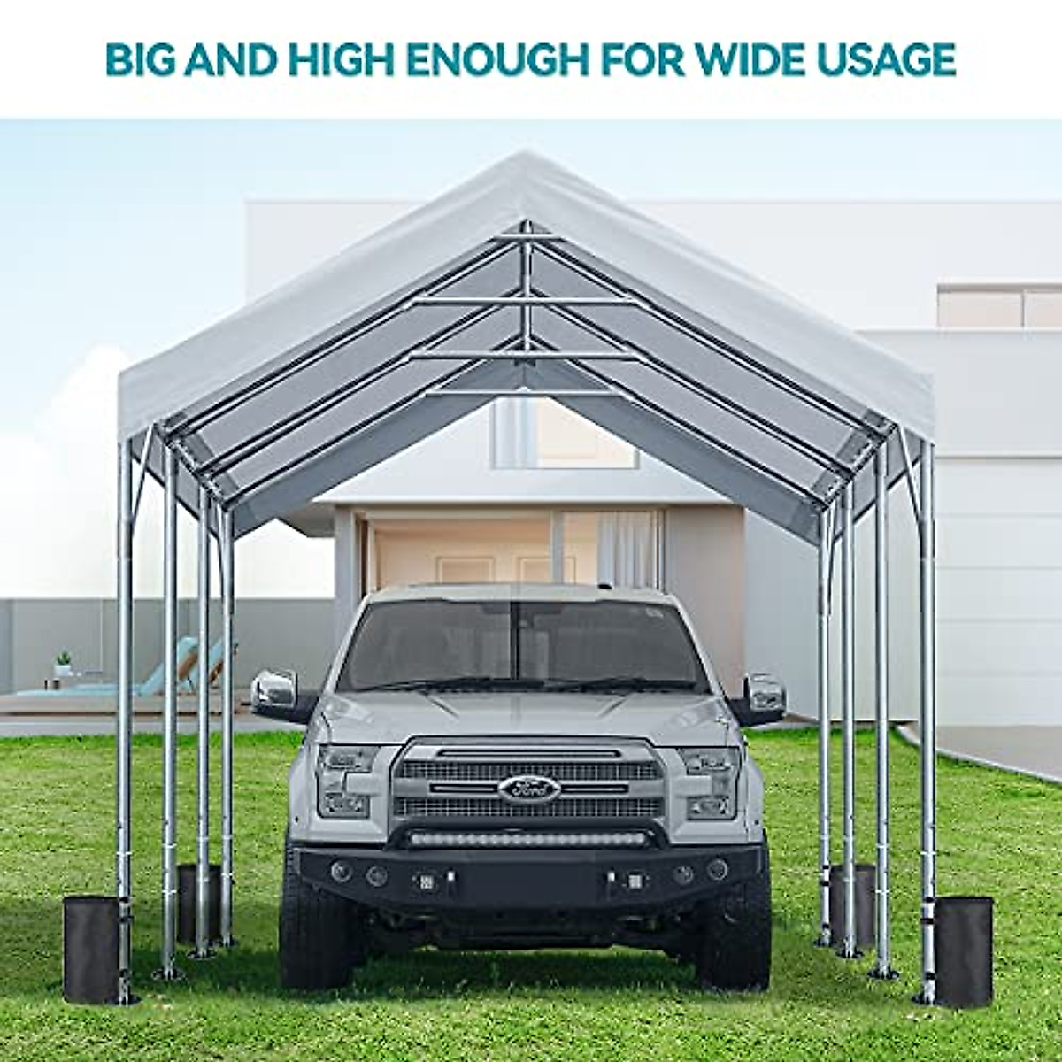 ADVANCE OUTDOOR Adjustable 10x20 ft Carport Heavy Duty Car Canopy Garage Party Tent Outdoor Boat Shelter, with 8 Reinforced Poles and 4 Weight Bags, Adjustable Height from 9.5 ft to 11 ft, White