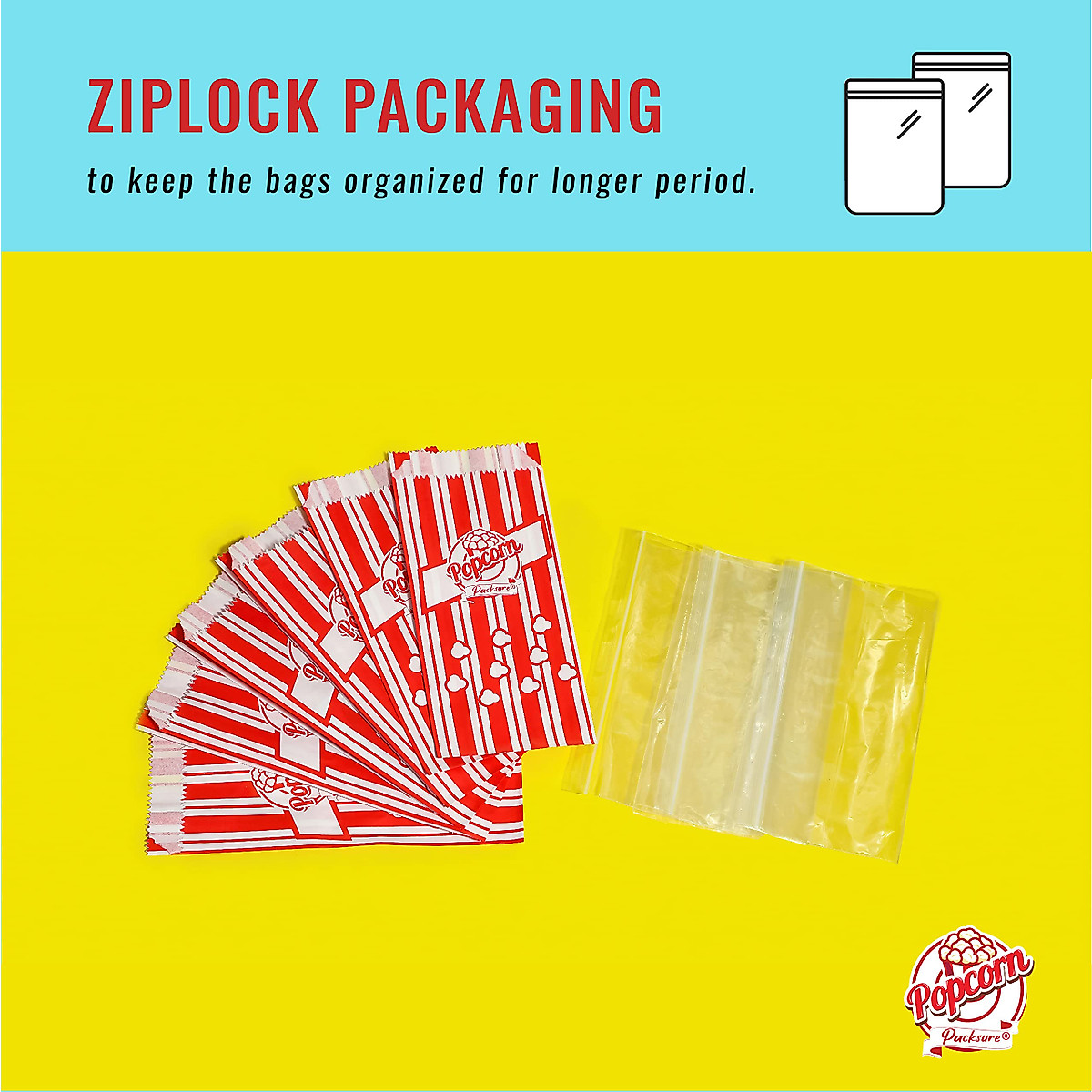 Packsure Popcorn Bags 100pcs, Red & White - 1 oz Thick & Premium 45 GSM Greaseproof Paper with Ziplock Packaging - Perfect Popcorn Bags for Party for Movie Theater & Carnivals (3.5 x 2 x 8 inches)