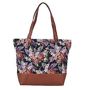 Shop LC Women Gifts Black Flower Pattern Faux Leather and Jute Tote Bags with Handle Drop Zipper Closure Fixed Accessories