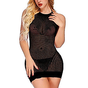 OGNEE Women's Sexy Lace Teddy Fishnet BobyStocking Lingerie Mesh Hole Strap Stretch Chemise Babydoll Bodysuit Mini Dress (black)