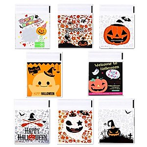 NB 400 Pcs Halloween Candy Bags, Self Adhesive Trick or Treat Cookie Bags for Party Gift Supplies, Cellophane Halloween Goodie Bags (12 oz,8 Styles)