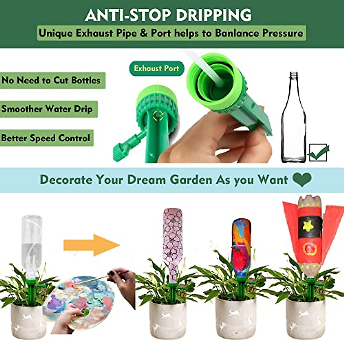ForarTronics Plant Watering Spikes|4Pcs Drip Rate Controllable Self Watering Spikes with Dual Caliber Adapter and 500ml Mouth-Matched Bottle, Plant Nanny Water Dripper for Outdoor Indoor Plants,Green