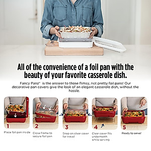 Fancy Panz, Serving Tray for Food, Made in the USA Foil Pan Carrier, Stackable Aluminum Pan Holders, 8x8 Travel Casserole Carrier With 1 Disposable Foil Pan & Serving Spoon, Red