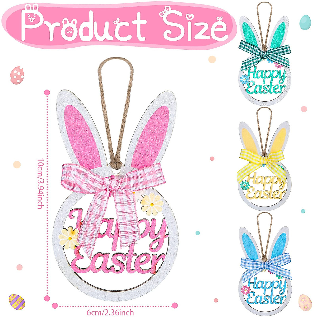 16 Pieces Easter Rabbit Tree Ornament Wooden Hanging Bunny Ornaments with Plaid Bow and Rope Wood Hollowed Out Easter Ornaments Cute Spring Hanging Decorative for Home Garden Decor (Bunny Ears Style)