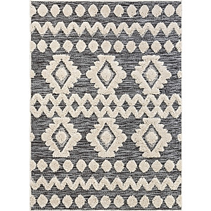 Well Woven Cenar Grey Flat-Weave Hi-Low Pile Diamond Medallion Stripes Moroccan Tribal 5'3" x 7'3" Area Rug