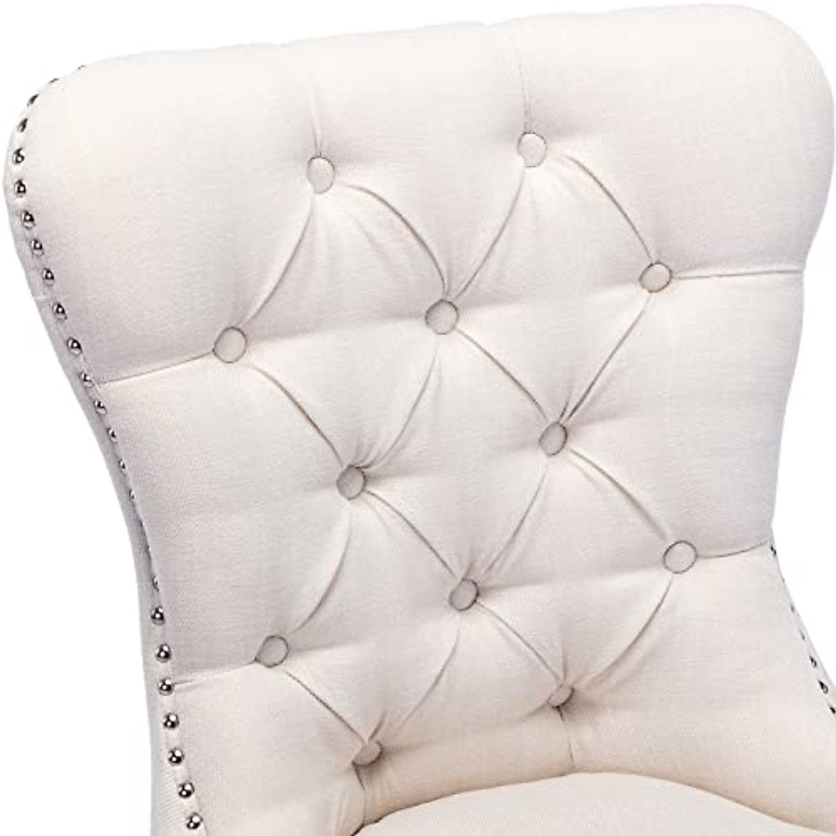 chairus Dining Chairs Set of 2 with Tufted High Back Retro Linen Fabric Upholstered Dining Room Chairs Side Chairs Rustic White Wood Legs Nailhead Trim Ring Pull- Beige 2PCS