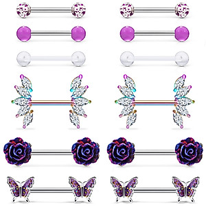 Kadogohno Nipple Rings for Women Nipple Piercing Jewelry 14G Green Rainbow Butterfly Nipple Rings Surgical Steel Screw Nipplerings Nipple Shield Ring Barbell Body Piercing Jewelry Set 9/16 Inch 14mm