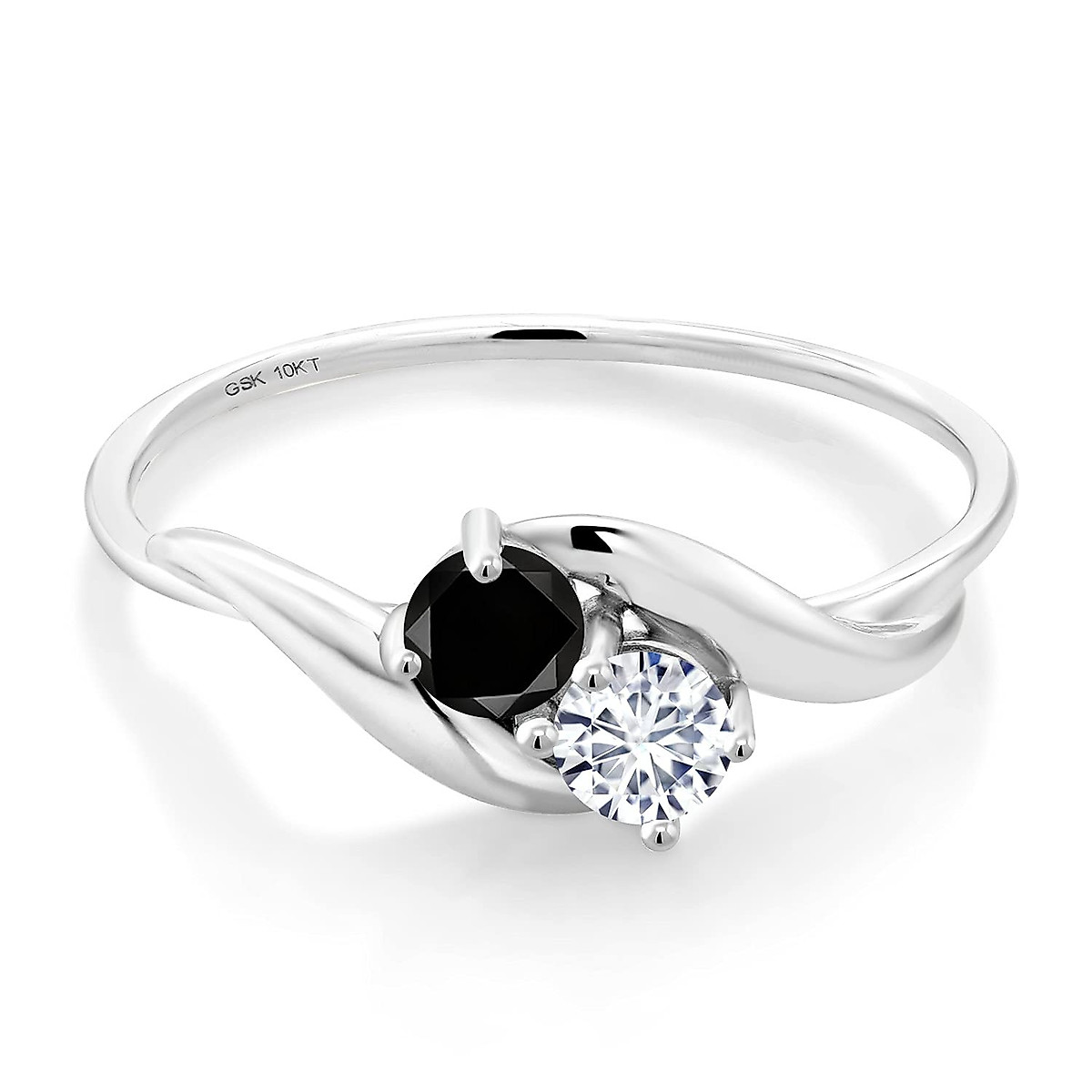 Gem Stone King 10K White Gold Black Diamond and White Moissanite 2-Stone Engagement Ring For Women (0.33 Cttw, Round 3.5MM, Available In Size 5, 6, 7, 8, 9)