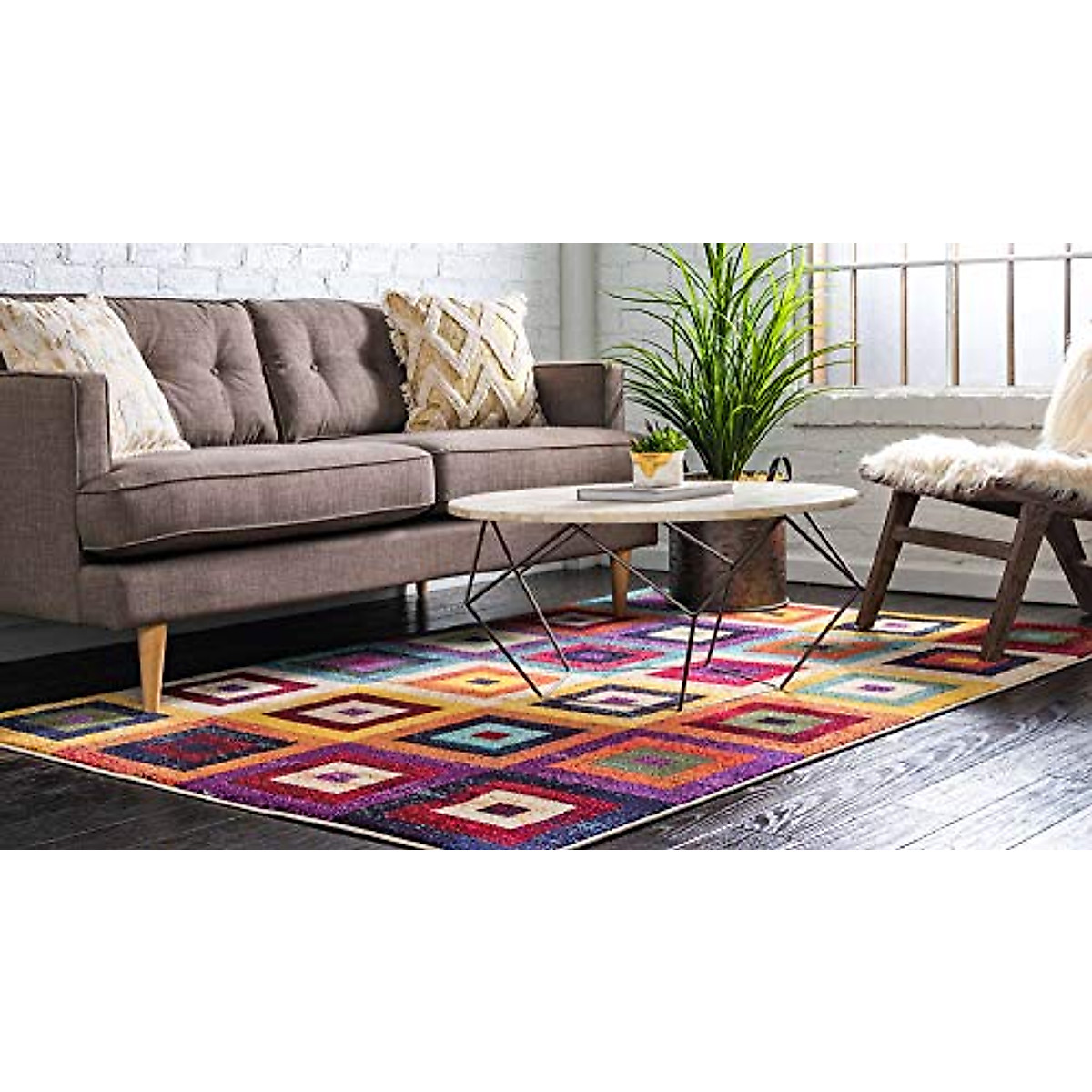 Unique Loom Estrella Collection Colorful, Geometric, Squares Modern, Abstract Area Rug, Rectangular 5' 0" x 8' 0", Multi/Beige