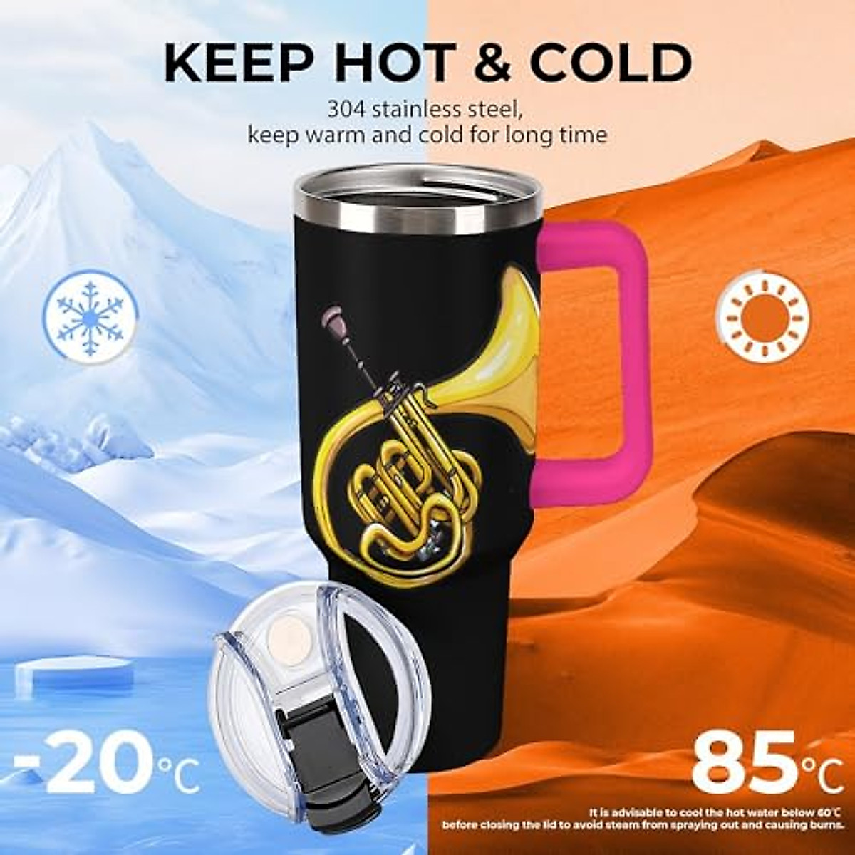 French Horn 40 Oz Tumbler Insulated Stainless Steel Water Bottle Travel Mug Car Cup with Handle And Straw