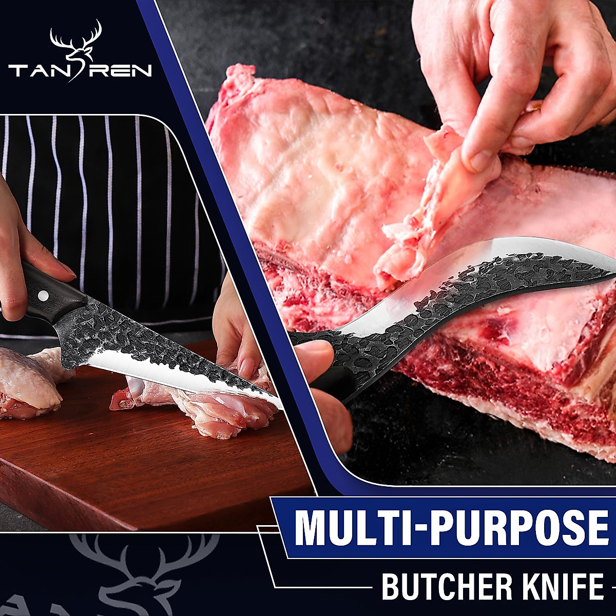 TAN REN Boning Knife Set, 6PCS Butcher Knife Set for Meat Cutting, Hand Forged Skinning Set with Sharpening Rod, High Carbon Steel Meat Trimming Knife for Kitchen & Outdoor, Christmas Gift for Men