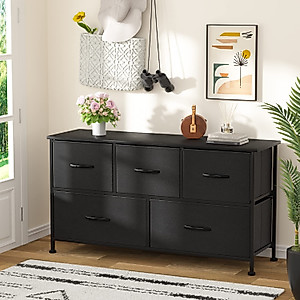 Furmax Dresser for Bedroom with 5 Drawers, Wide Chest of Drawers, Fabric Closet Dresser, Clothing Storage Organizer Unit with Fabric Bins, for Closet, TV Stand, Living Room, Hallway, Black