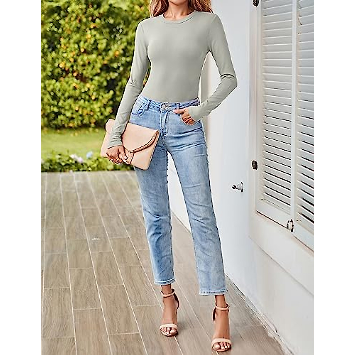 MEROKEETY Women Long Sleeve Slim Fit Crop Shirt Ribbed Knit Tops Casual Round Neck Y2K Tees Grey Small