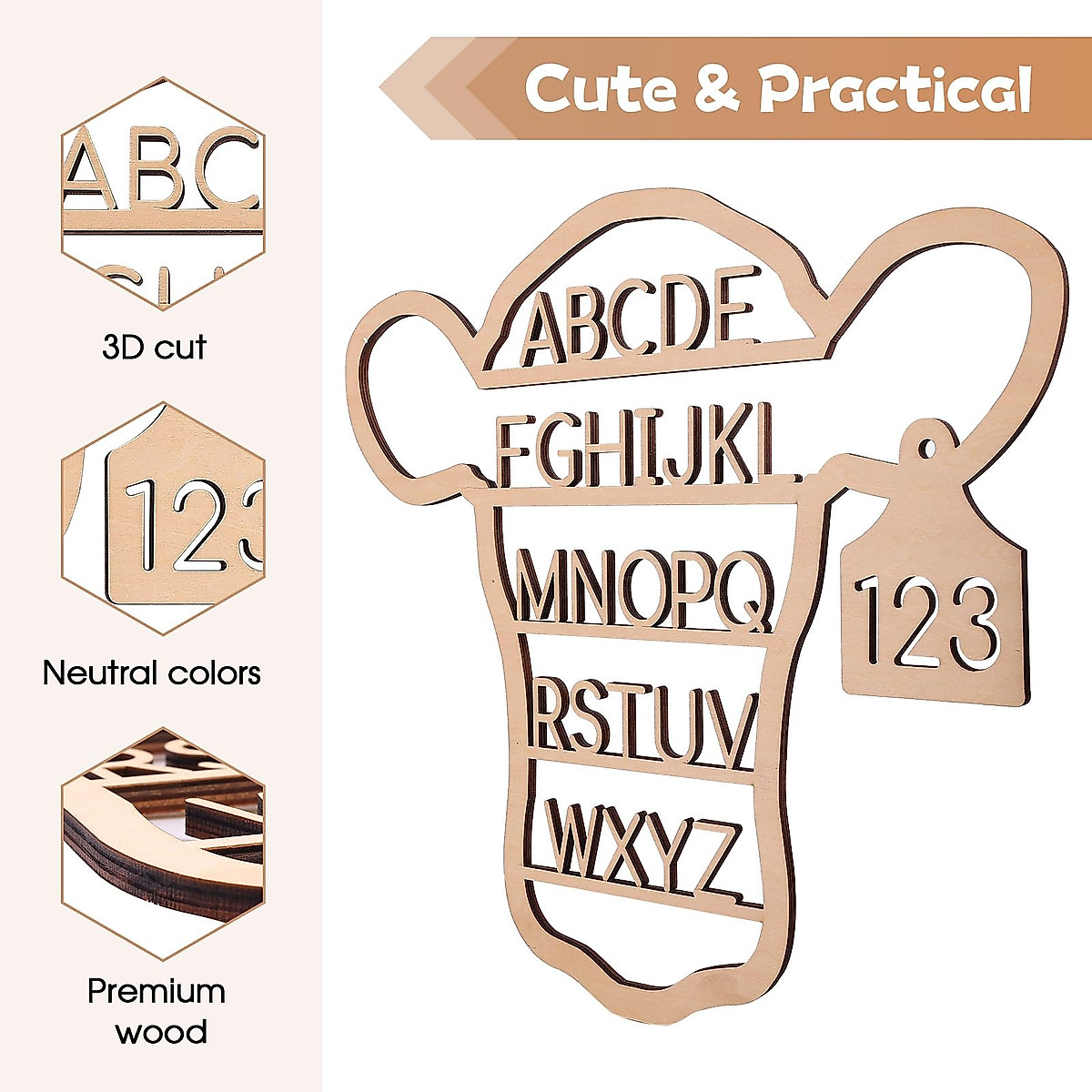 Nichake Western Nursery Wall Decor Neutral Cow Alphabet Wall Art,3D Cut ABC Letters Signs,Boho Wall Decor for Nursery, Bedroom, Playroom,and Kids Room