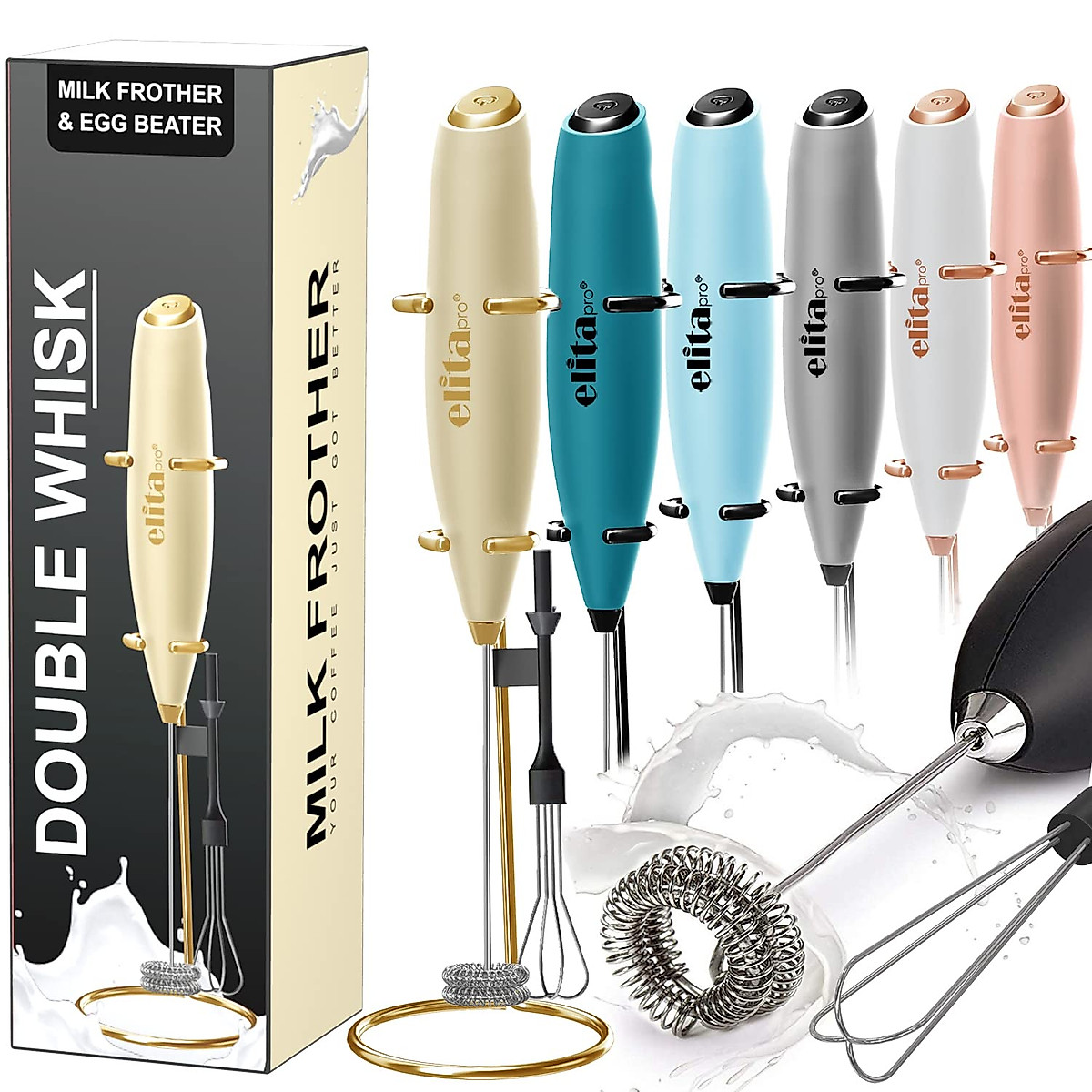 ELITAPRO ULTRA-HIGH-SPEED 19,000 RPM, Milk Frother DOUBLE WHISK, Unique Detachable EGG BEATER and STAND For quick preparation (Ivory/Gold)
