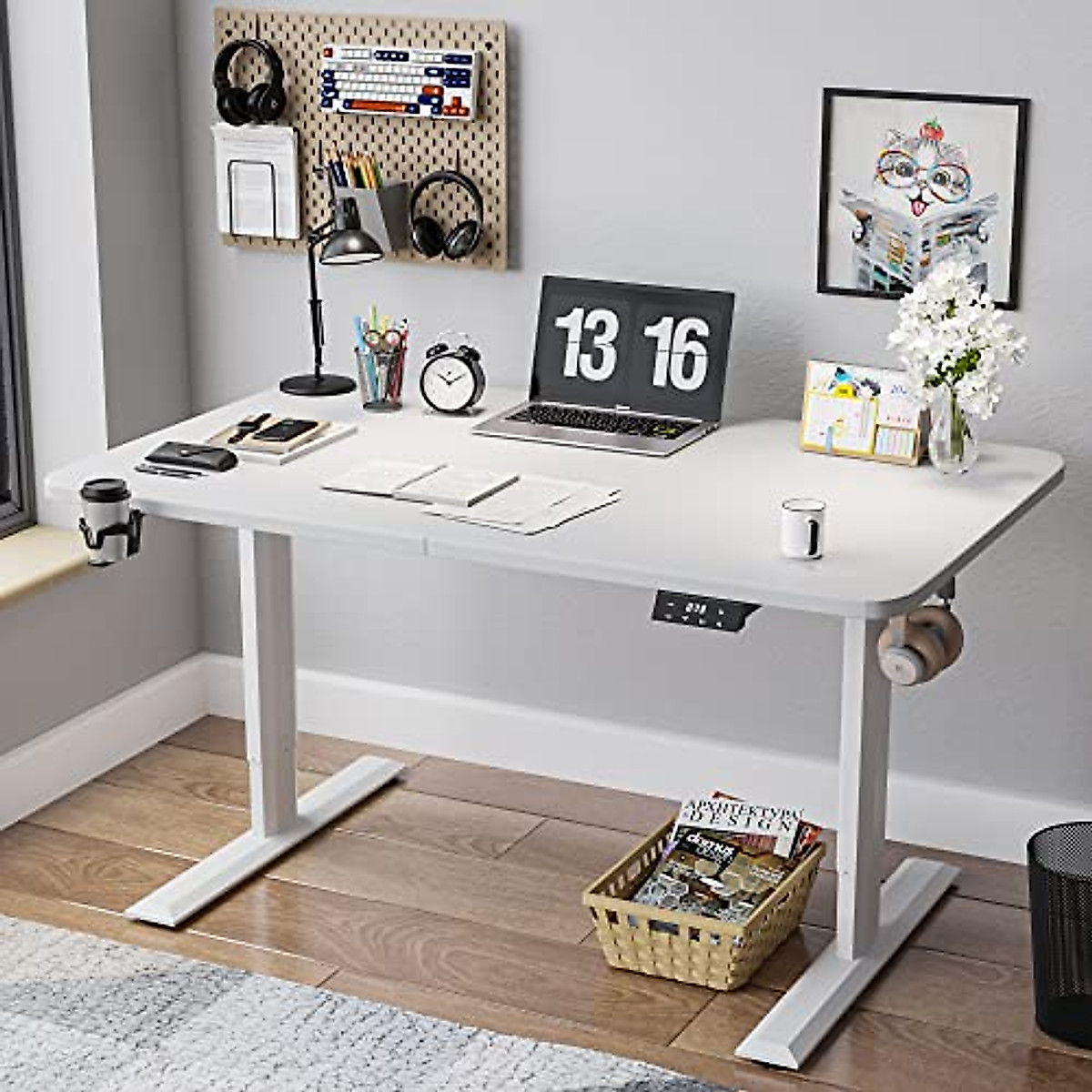 YESHOMY Electric Standing Desk Height Adjustable Table Ergonomic Home Office Workstation with Cup Holder and Headphone Hook, 55", White