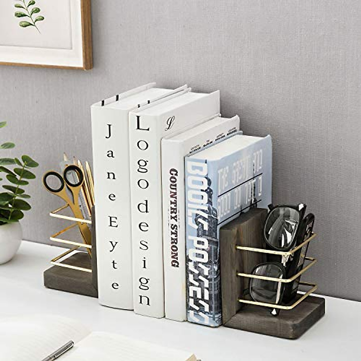 MyGift Vintage Gray Solid Wood Decorative Bookends for Shelves with Brass Metal Wire Pencil Holder Stationary Organizer Slots, 1 Pair