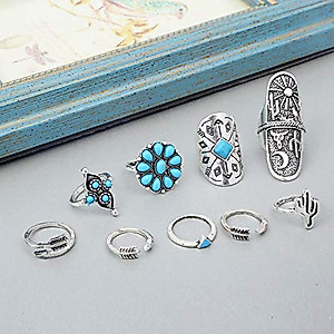 COLORFUL BLING 9 Pcs Set Boho Western Ring Set Turquoise Cactus Arrow Flower Carved Retro Stackable Joint Knuckle Finger Rings Sets for Women