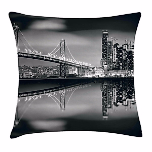 Ambesonne Black and White Throw Pillow Cushion Cover, San Francisco Bay Bridge Metropolis Panorama View with Skyscrapers Print, Decorative Square Accent Pillow Case, 18" X 18", Green