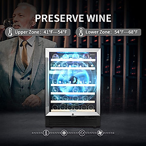 24 inch Freestanding Wine Fridge, 46 Bottle Fast Cooling Low Noise Compact Mini Wine Fridge with Stainless Steel Tempered Glass Door Small Wine Cooler Cabinet Beverage Refrigerator, for Kitchen