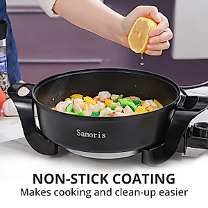 Samoris Electric Skillet with lid 3 Quart 10 Inch Round Cooker with Nonstick Coating,Electric Hot Pots and Frying Pan,Adjustable Temperature, Tempered Glass Lid with Vent, 1200W,Black