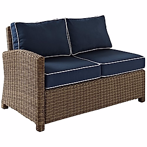 Crosley Furniture Bradenton 5-Piece Outdoor Sectional Sofa Wicker Conversation Patio Furniture Set for Deck, Brown with Navy Cushions