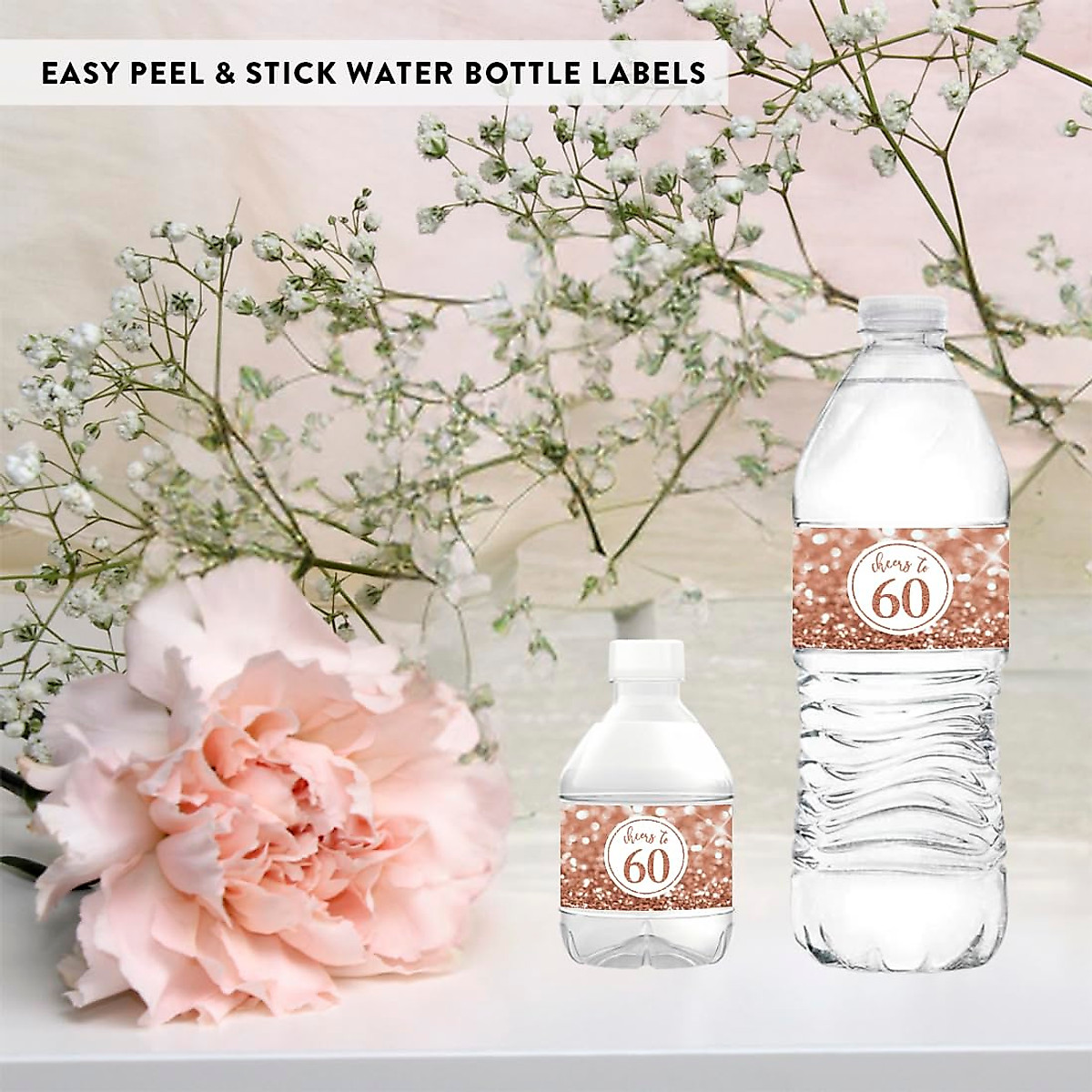Andaz Press Glitzy Faux Glitter Rose Gold Water Bottle Labels Stickers, Cheers to 60, 60th Birthday Water Bottle Labels Anniversary 60th Birthday Decorations for Women Birthday Party Favors, 20-Pack