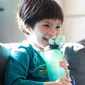 AIDEAMART 24 OZ Motivational Kids Water Bottle With Time Marker,Straw Lid,Leak Proof, Tritan BPA Free Sports Water Bottle Green-Blue(1 Lid)