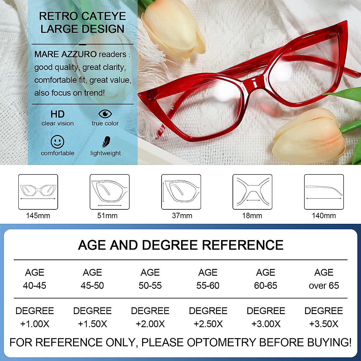MARE AZZURO Cat Eye Reading Glasses Women Cute Readers 0 1.0 1.25 1.5 1.75 2.0 2.25 2.5 2.75 3.0 3.5 4.0 5.0 6.0 (Red, 200)