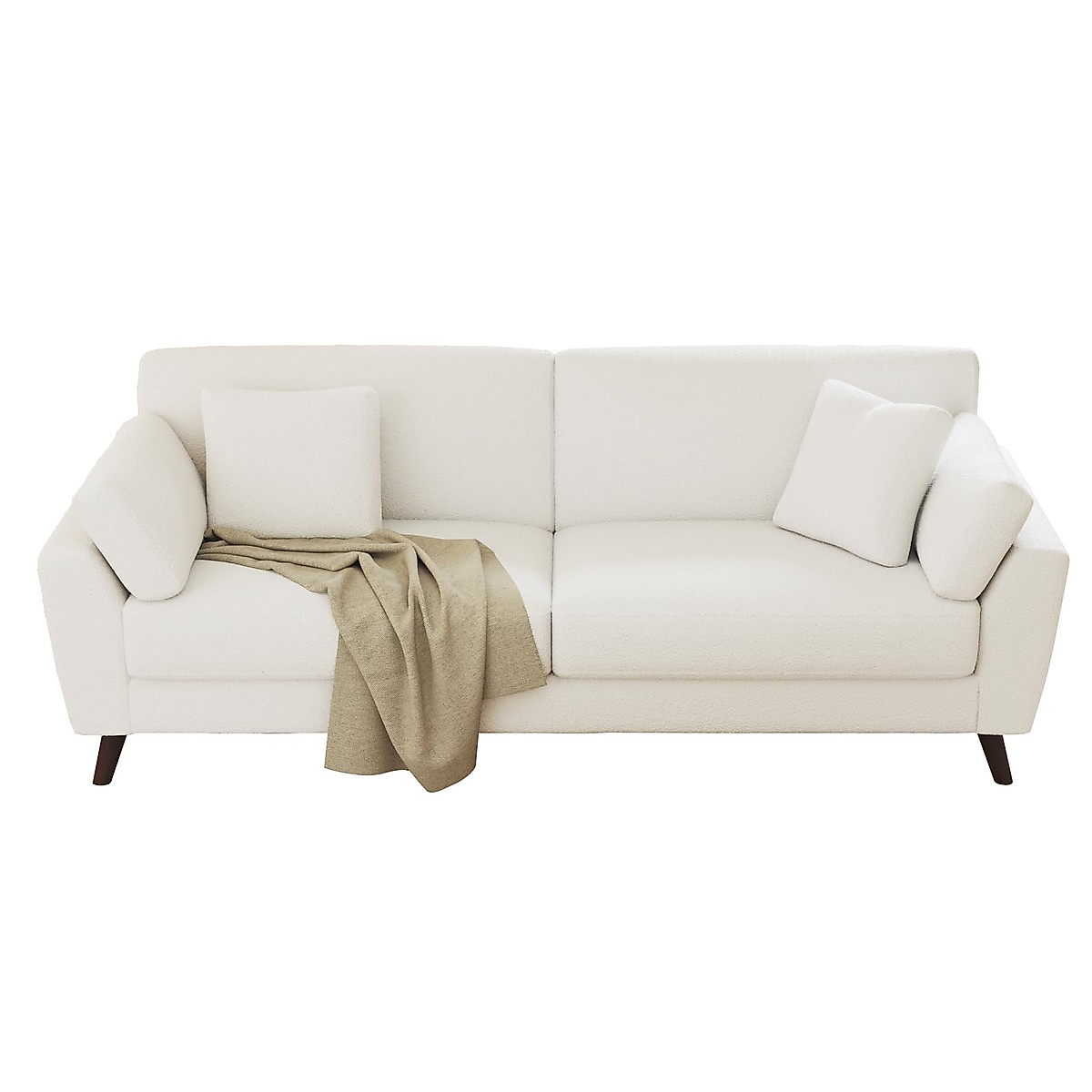 AMERLIFE Modern Sofa, 86 inch White Couch with 4 Throw Pillows, 3-Seater Sofa Couch for Living Room, Offwhite Boucle Upholstered Sofa