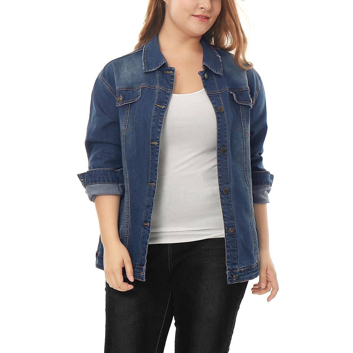 uxcell Women's Plus Size Jean Jacket Stitching Button Front Washed Denim Jacket 3X Blue