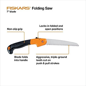Fiskars Hand Saw, Folding Saw with Power Tooth Saw Blade with Triple Ground Teeth that Powers Through Wood Faster, Soft Grip 7-Inch Pruning Saw