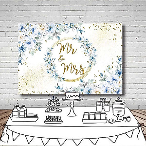 MEHOFOND 7x5ft Blue Floral Backdrop for Mr and Mrs Engagement Party Decorations Couples Wedding Golden Dots Glitter Photography Background Anniversary Ceremony Bridal Shower Banner Photo Booth Props