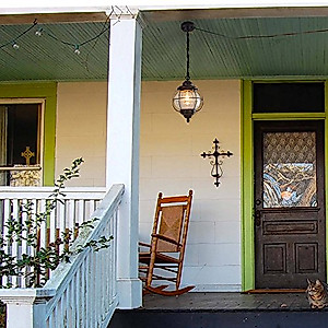 LALUZ Outdoor Pendant Lights, Farmhouse Ceiling Hanging Porch Fixture in Black Metal with Clear Bubbled Glass Globe in Iron Cage Frame, Exterior Lantern for Gazebo, Entryway, Patio