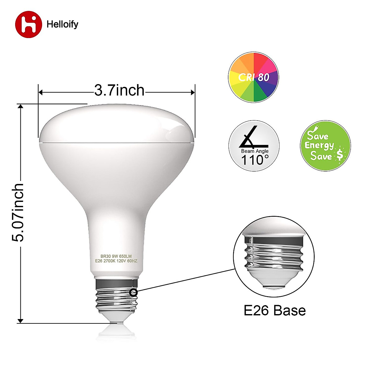 helloify BR30 LED Flood Light Bulb, 9W, 65W Equivalent, 2700K Soft White Light, Energy Saving Lamp for Office/Home, Non-dimmable, E26 Screw Base, 6PCS
