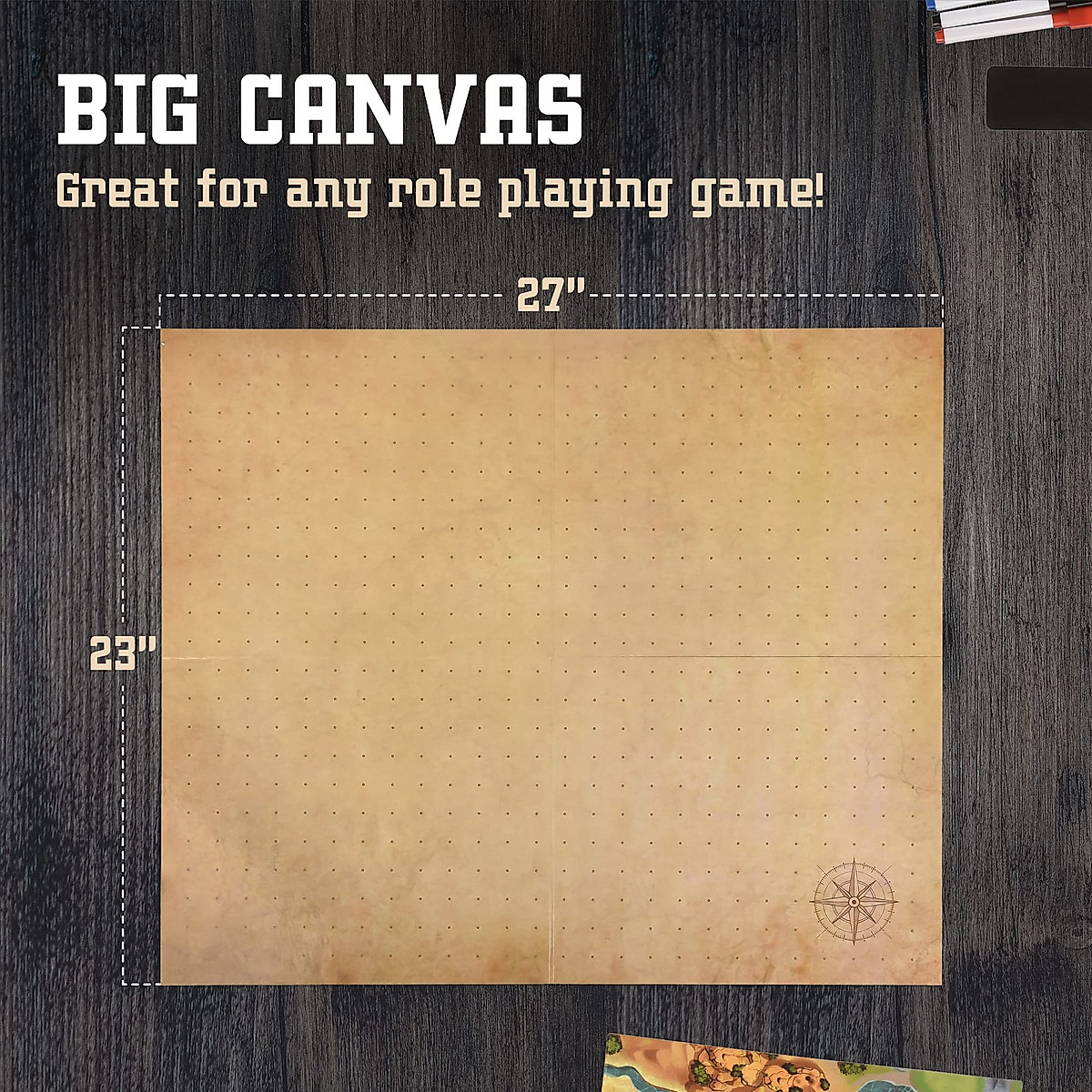 IMPRESA 27" x 23" Double Sided and Foldable Role Player Game Battle Grid Game Mat - for Dungeons and Dragons and Other RPGs - Double Sided - Includes Markers and Eraser