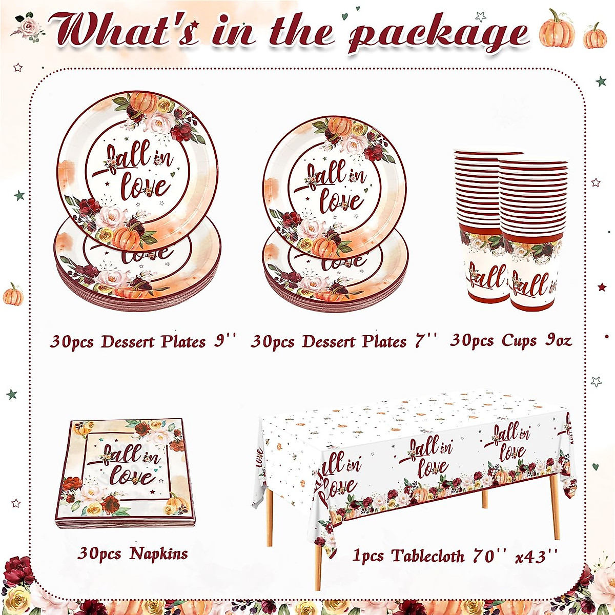 Zhynice Fall in Love Bridal Shower Decorations 121 Pcs Fall Wedding Disposable Dinnerware Autumn Floral Pumpkin Plates and Napkins Cups Tablecloth for Fall Theme Wedding Engagement Supplies 30 Guest