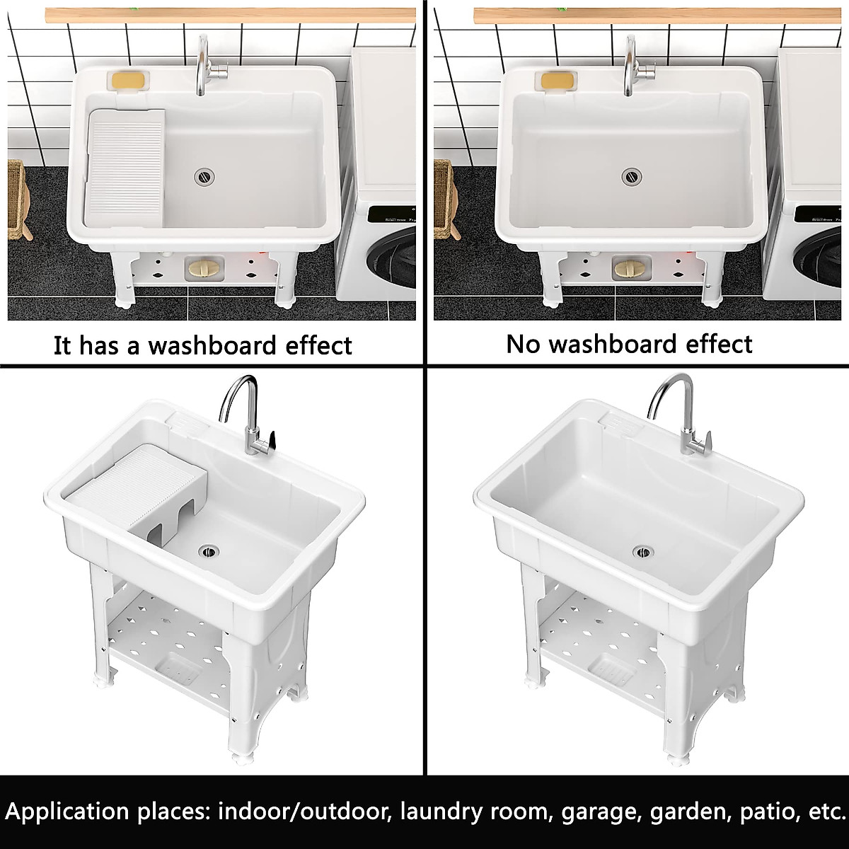 Freestanding Plastic Laundry Sink with Washboard, W31" x D22" x H31.5" Indoor and Outdoor Utility Sink with Cold and Hot Water Faucet, Hoses and Drain Kit for Laundry Room, Garage, Basement, Garden