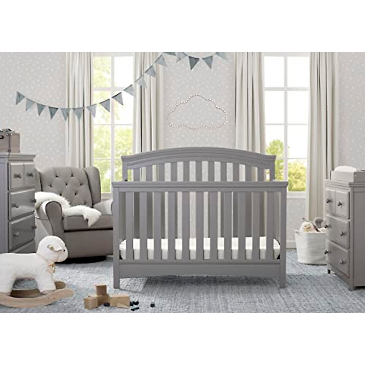 Delta Children Emerson Crib 7-Piece Baby Nursery Furniture Set–Includes: Convertible Crib, Glider, Dresser, Changing Top, Crib Mattress, Sheets, & Changing Pad, Grey