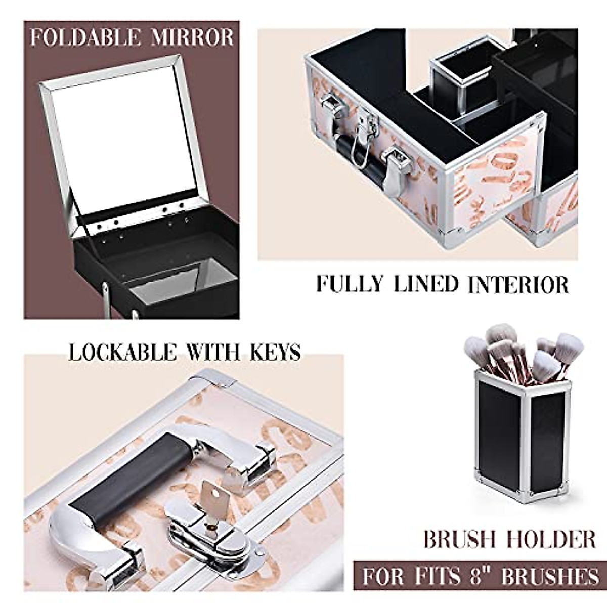 Joligrace Makeup Train Case Makeup Box Organizer Lockable with 3 Trays Portable Cosmetic Storage Case with Brush Holder & Mirror, Makeup Artist Travel Case Craft Case for Make-up or Nail Supplies