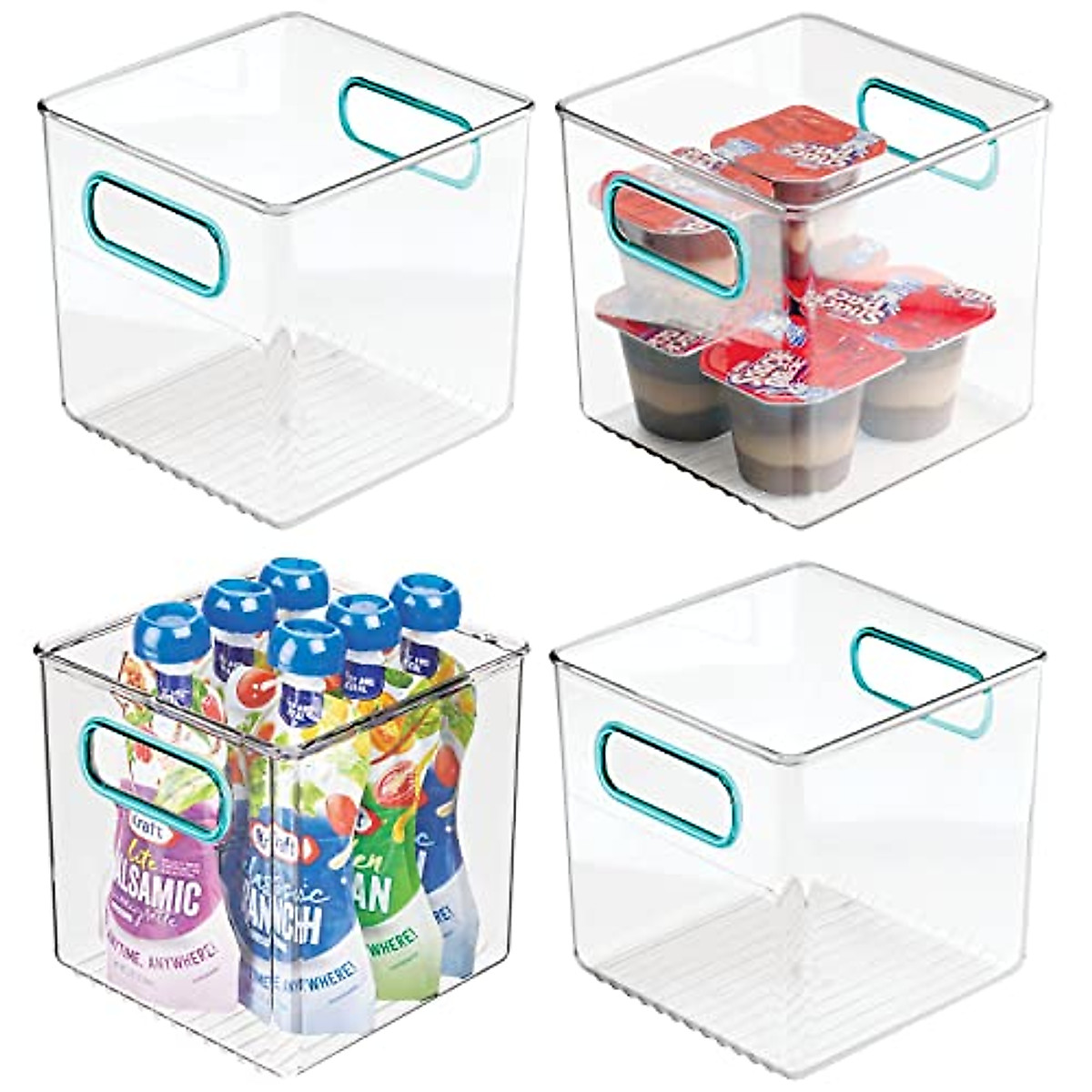 mDesign Plastic Kitchen Pantry Cabinet, Refrigerator or Freezer Food Storage Bins with Handles - Organizer for Fruit, Yogurt, Snacks, Pasta - Food Safe, BPA Free, 6" Cube, 4 Pack - Clear/Blue