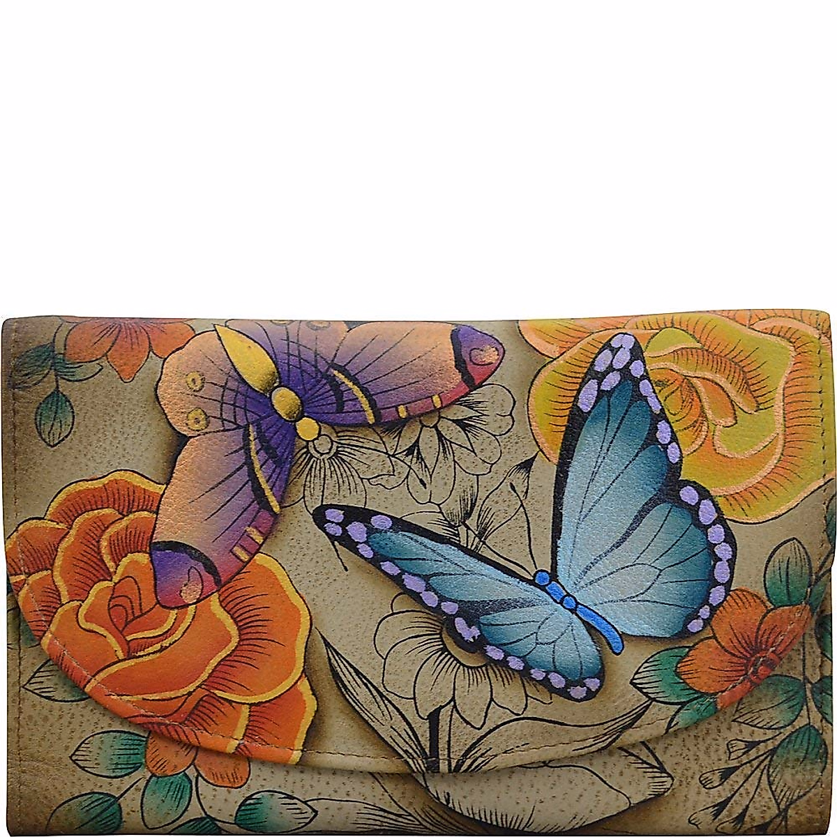 Anna by Anuschka Women's Geniune Leather Hand Painted Large Three Fold Checkbook Clutch Wallet - Floral Paradise Tan