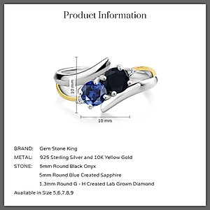 Gem Stone King 1.10 Ct Round Black Onyx Blue Created Sapphire 925 Silver and 10K Yellow Gold Lab Grown Diamond 2 Stone Crossover Ring (Size 8)