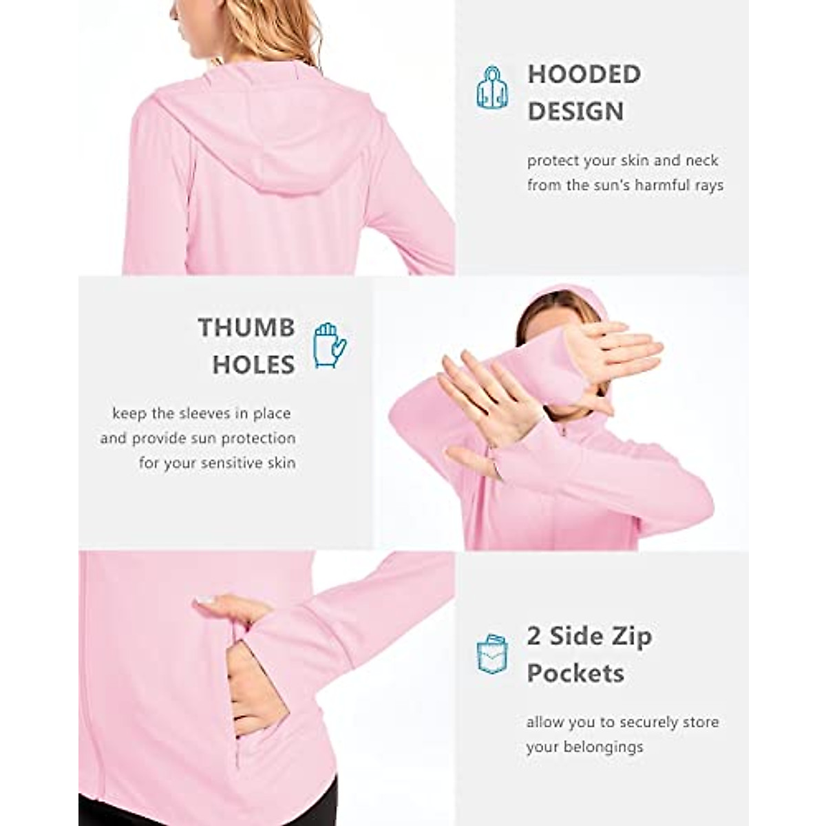 KEFITEVD Womens Sun Shirts Long Sleeve SPF 50+ Sun Protection Jacket UV Protection Hiking Jackets Hooded Long Sleeve Cooling Shirt with Pockets Light Pink