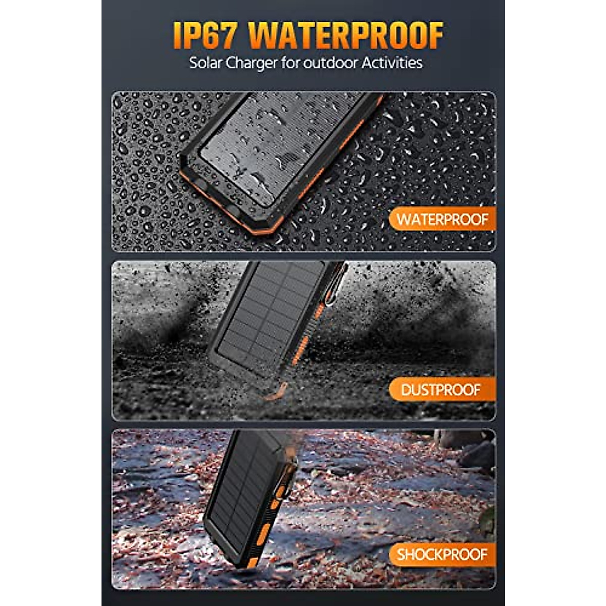 Feeke Solar-Charger-Power-Bank - 36800mAh Portable Charger,QC3.0 Fast Charger Dual USB Port Built-in Led Flashlight and Compass for All Cell Phone and Electronic Devices(Orange)