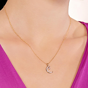 Jewelili 10k Yellow Gold Moon Star Pendant Necklace with Natural White Round Diamonds, 1/10 Cttw, 18" Gold Filled Rope Chain